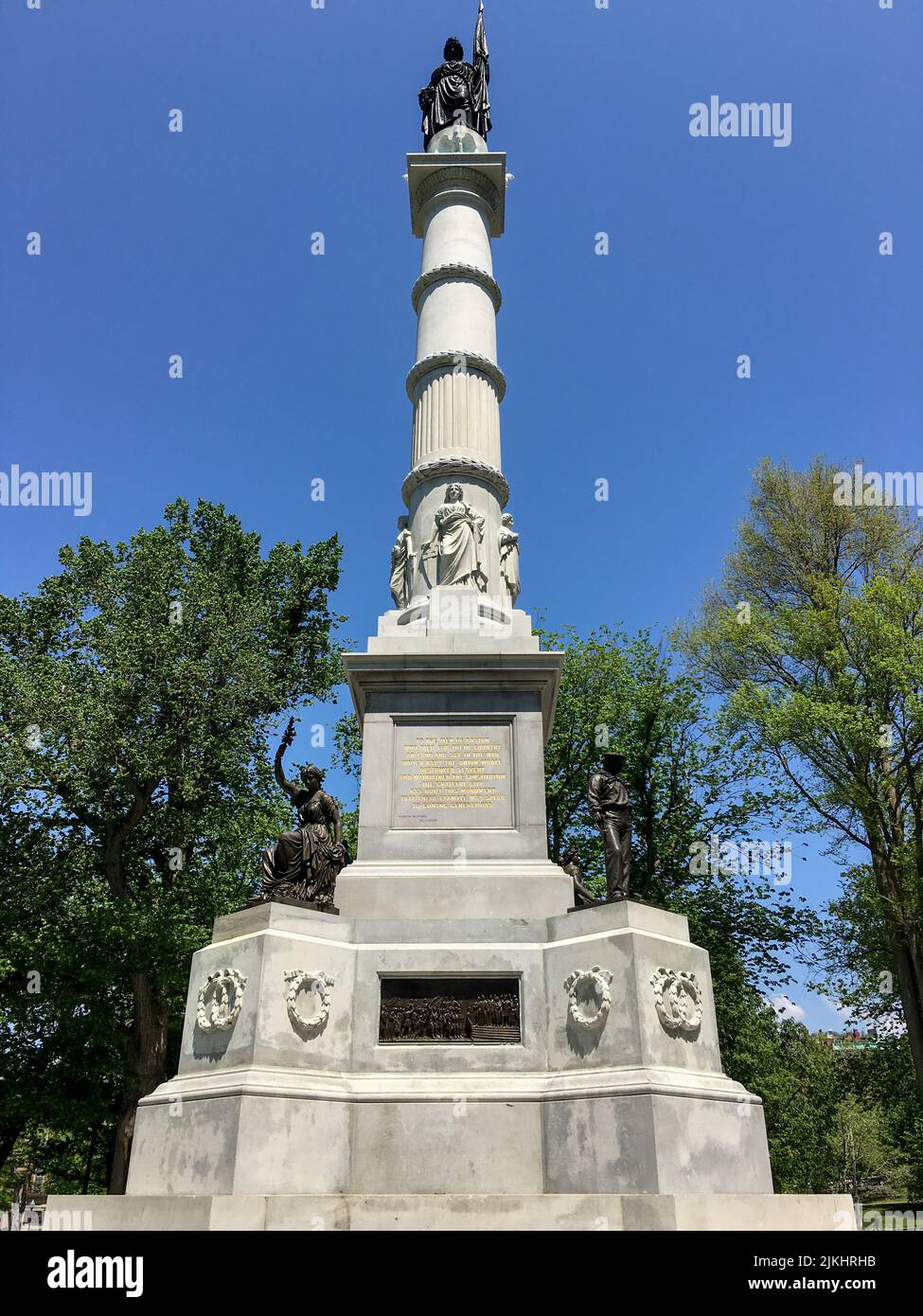 A vertical shot of the National Monument to the Forefathers in Boston ...