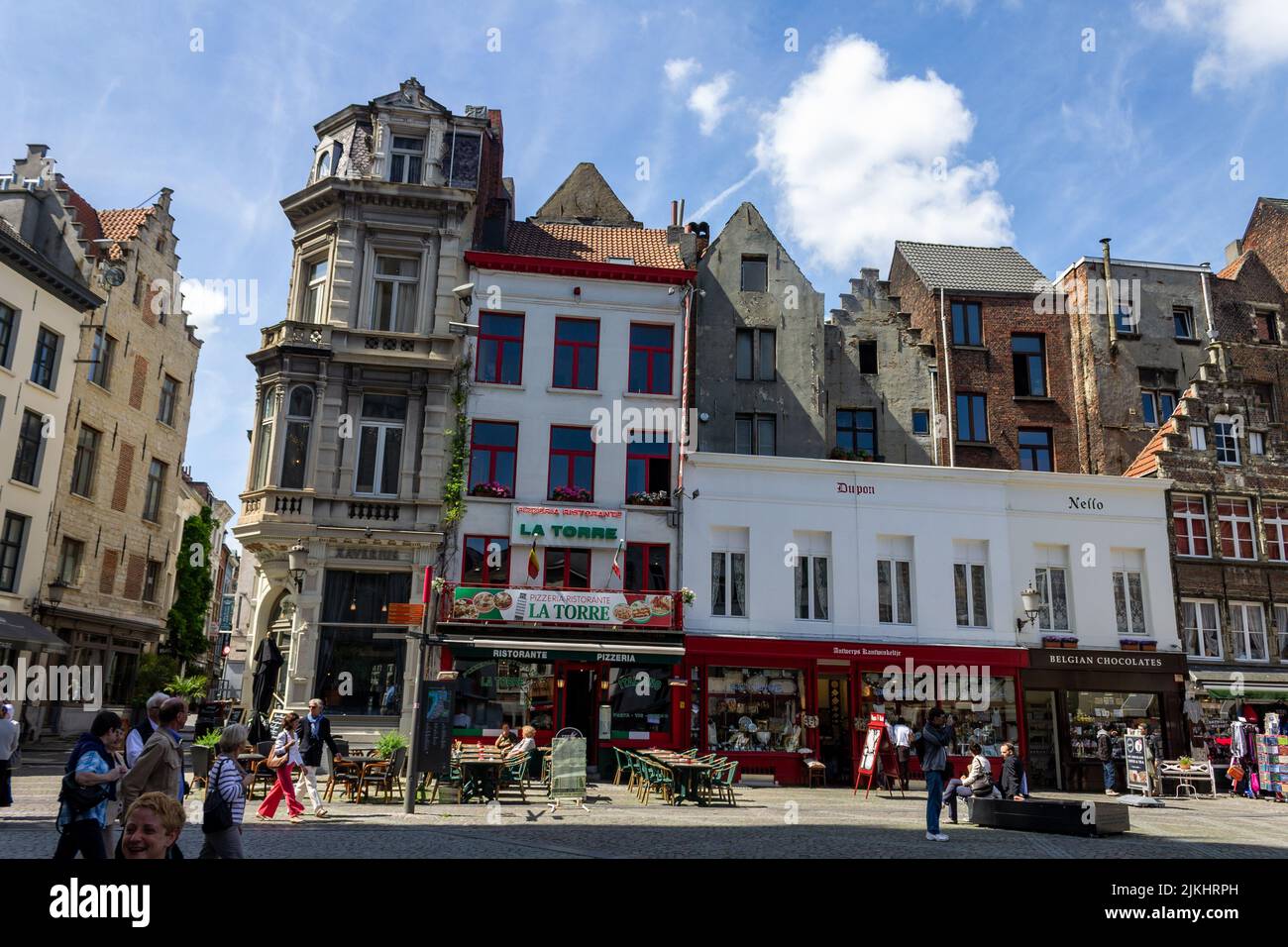 A cityscape of the historical Flemish buildings facades in Antwerp ...