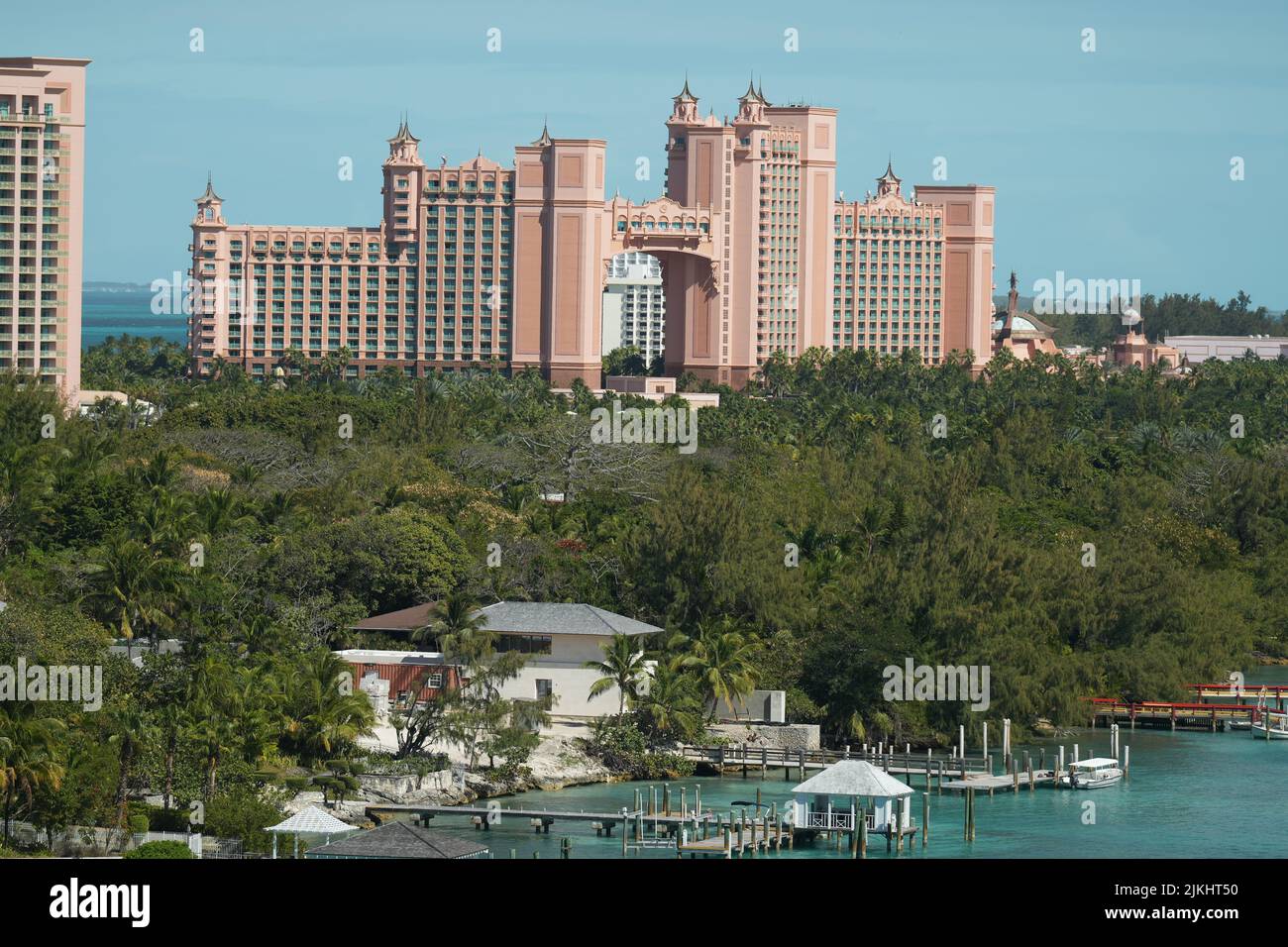 A high angle shot of the Atlantis with trees surrounding it on a clear ...