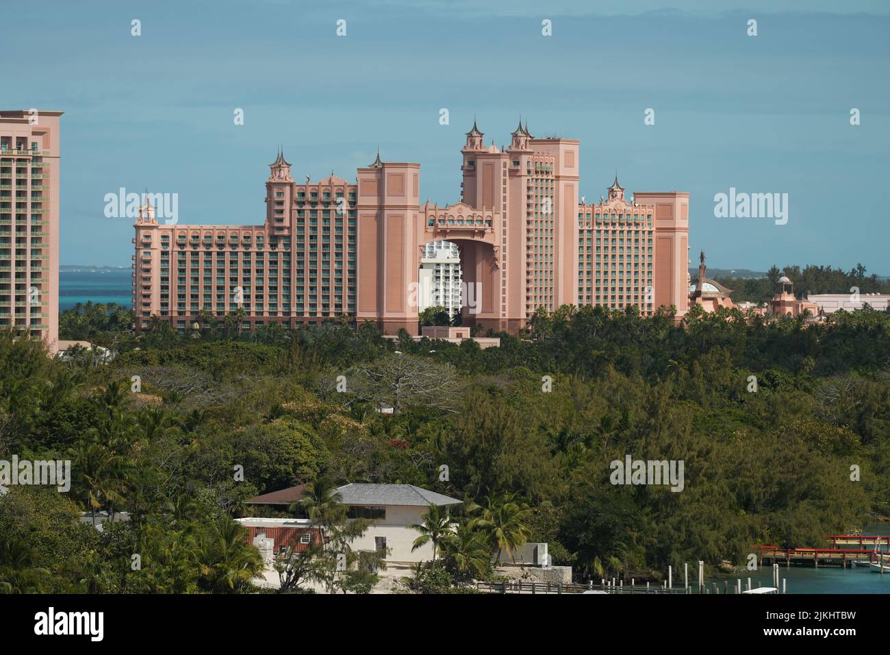 A high angle shot of the Atlantis with trees surrounding it on a clear ...