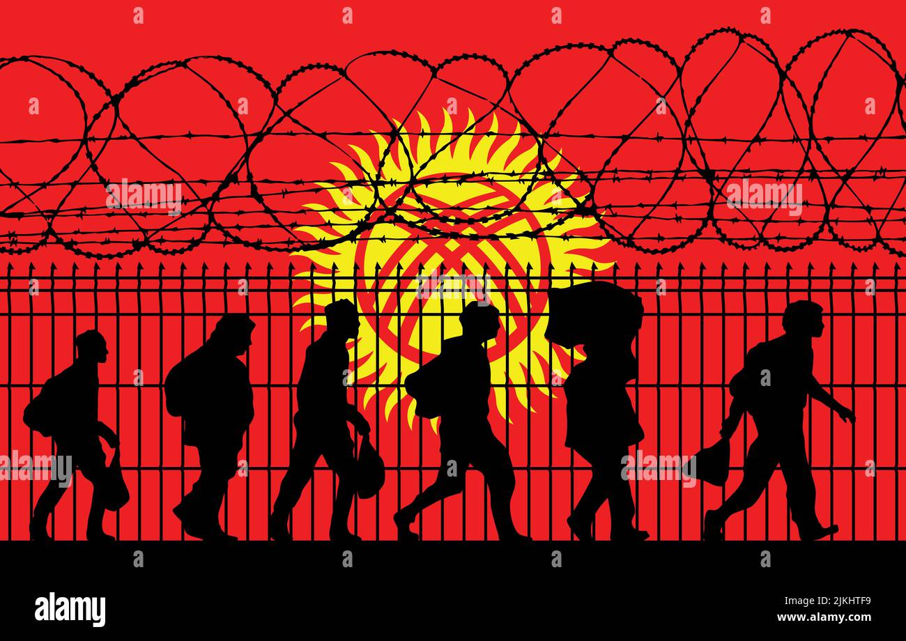 Flag of Kyrgyzstan - Refugees near barbed wire fence. Migrants migrates ...