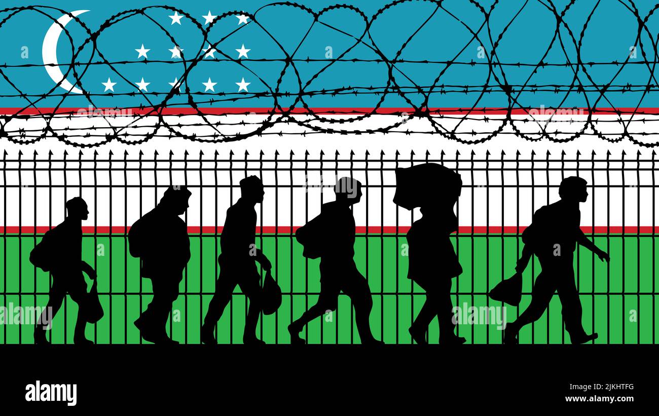 Flag of Uzbekistan - Refugees near barbed wire fence. Migrants migrates ...