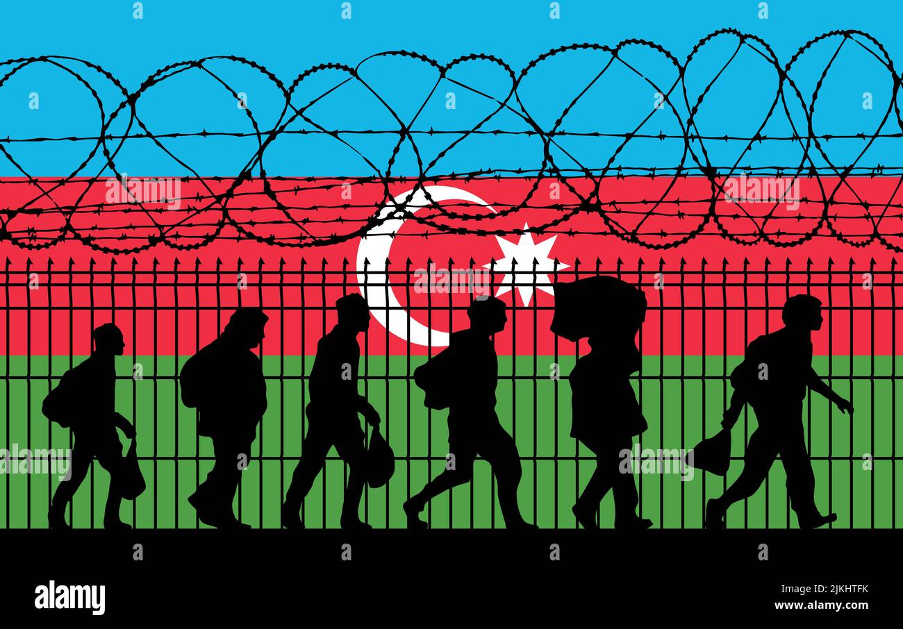 Flag of Azerbaijan - Refugees near barbed wire fence. Migrants migrates ...