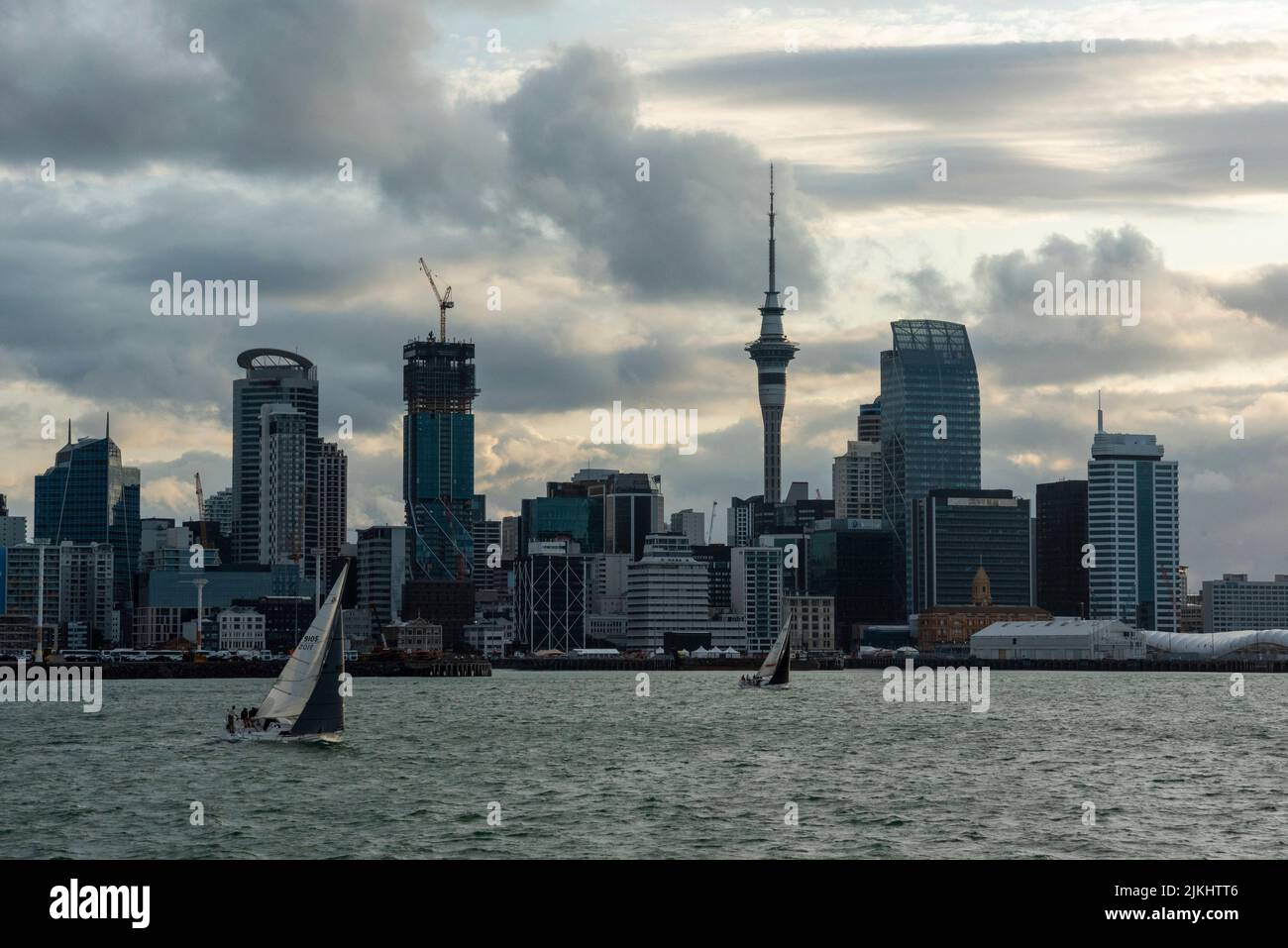 Famous skyline of Auckland Central Business District during sunset ...