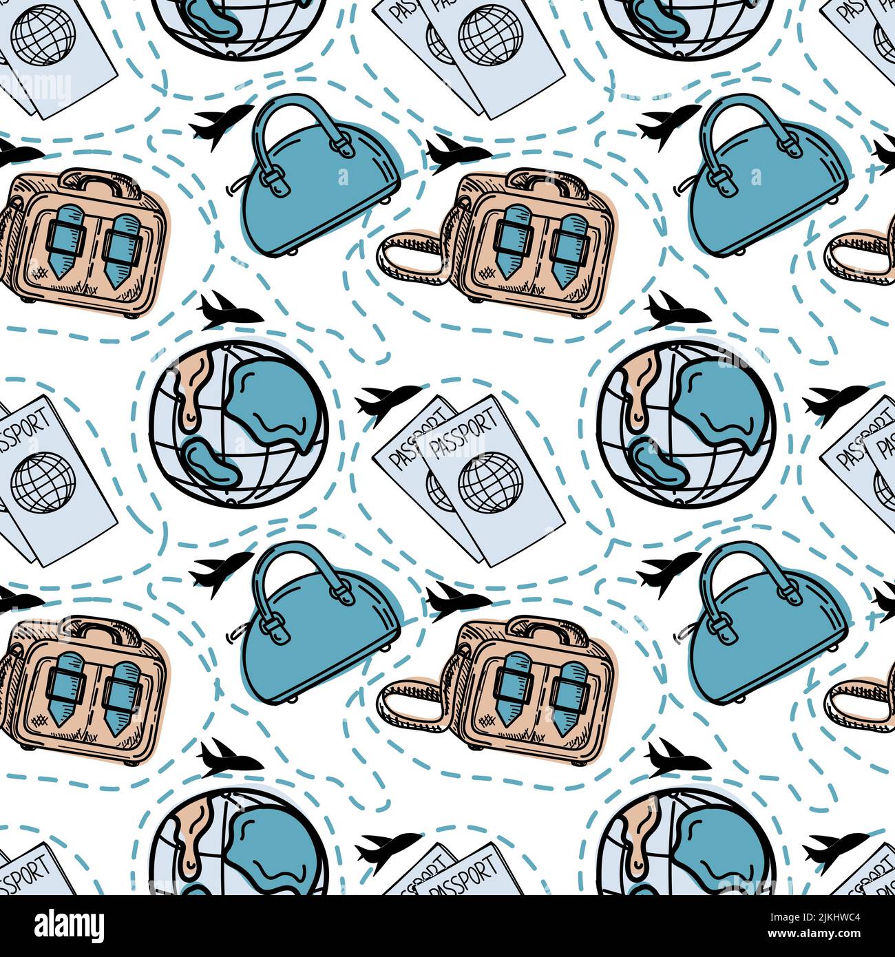 Seamless pattern of different kinds of luggage, hand-drawn in sketch ...