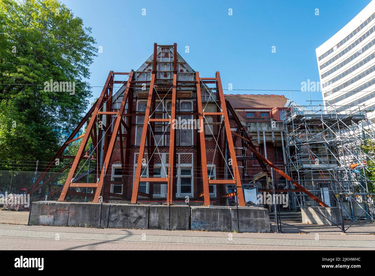 Detail of a historic building after 2011 earthquake, secured from ...