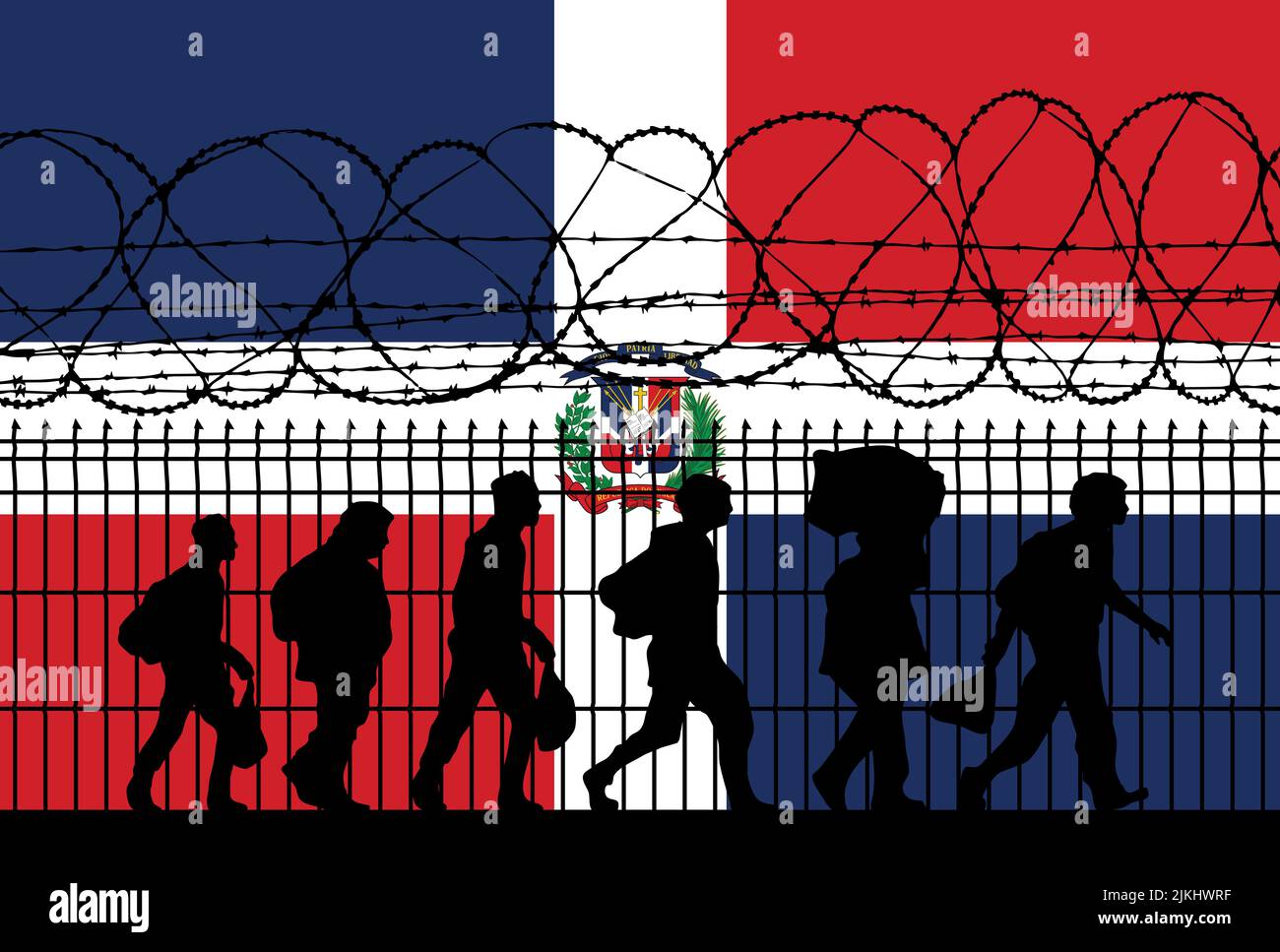 Flag of Dominican Republic - Refugees near barbed wire fence. Migrants ...