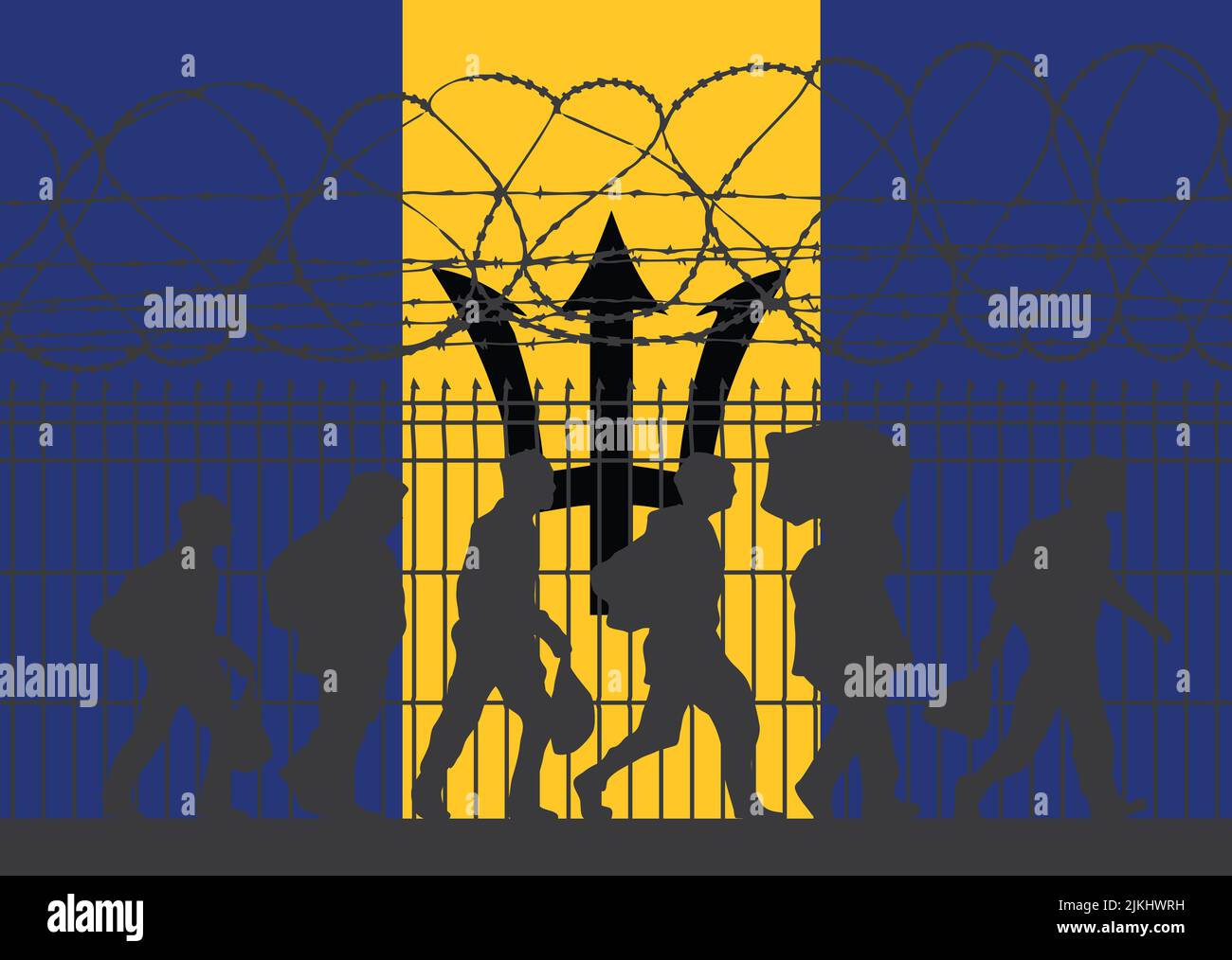 Flag of Barbados - Refugees near barbed wire fence. Migrants migrates ...