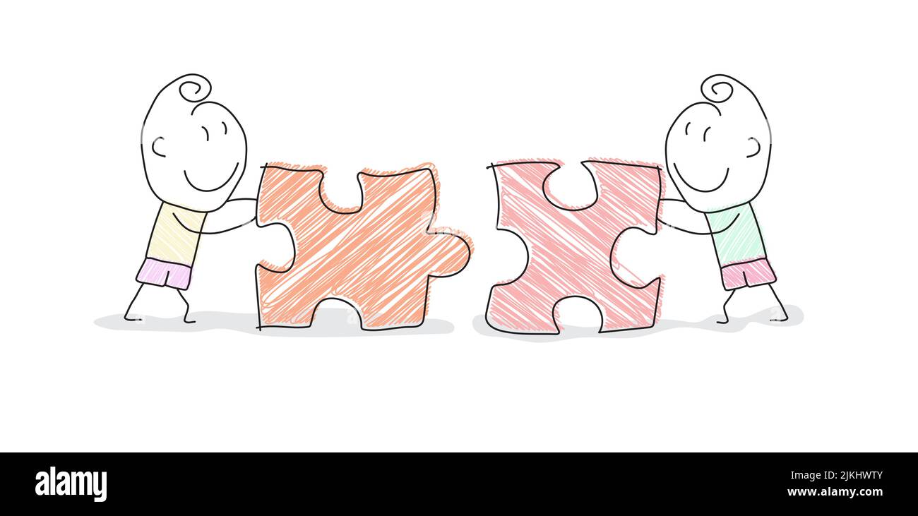 Two cartoon characters move and connect two pieces of the puzzle ...