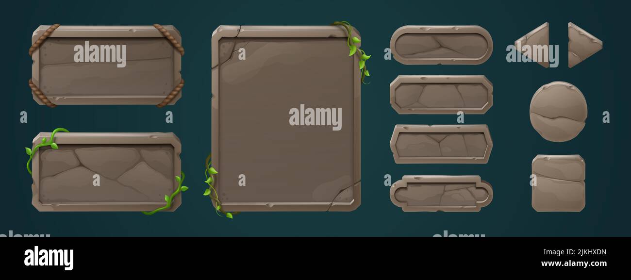 Stone game menu boards with vines. Tablets, buttons, cartoon interface plaques, frames and ...
