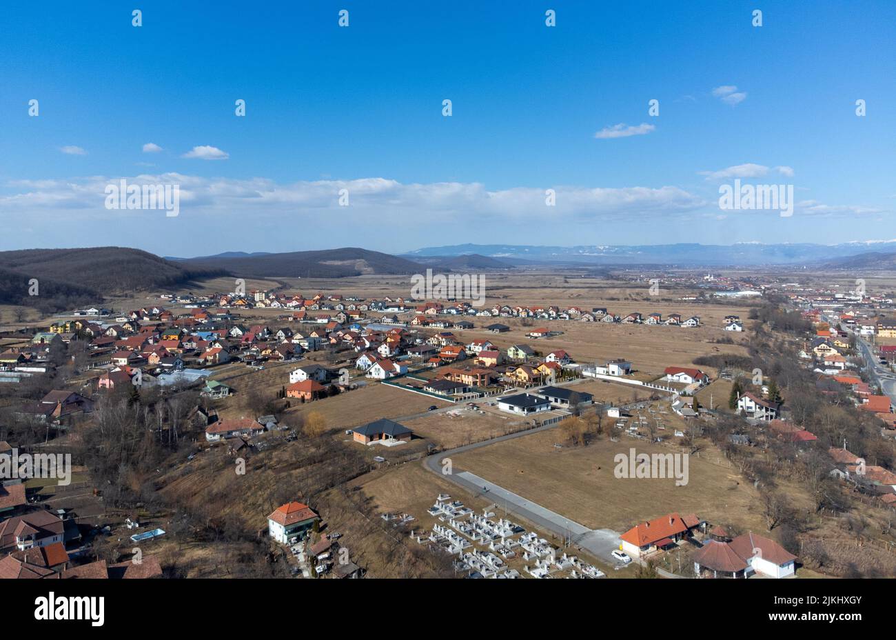 An aerial view with a rural area on the upper Mures valley - Romania ...