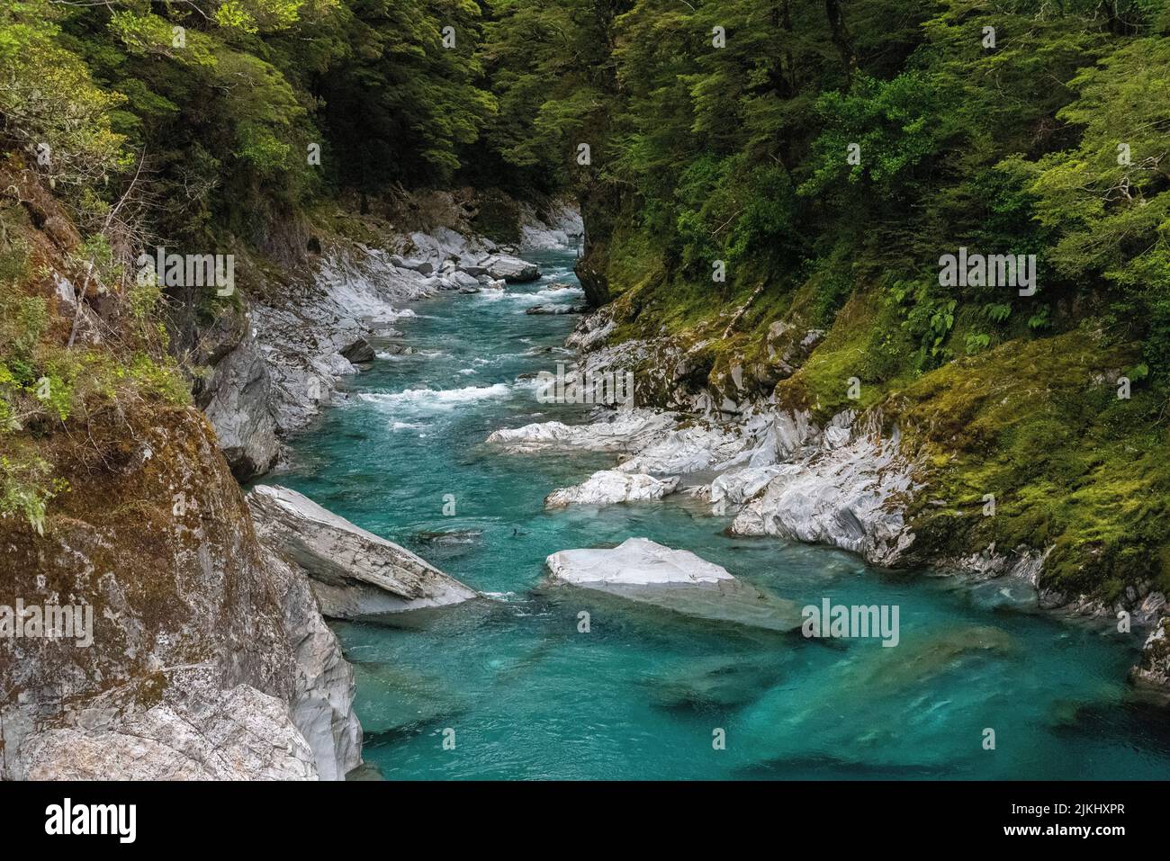 Colorful blue mountain river at the Haast pass, South Island of New ...