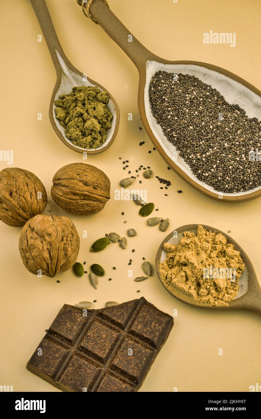 Probiotics and superfoods: Kefir, chia, hemp protein, maca dark ...