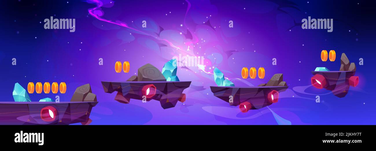 Space game, mobile arcade with flying rock platforms, crystal assets ...
