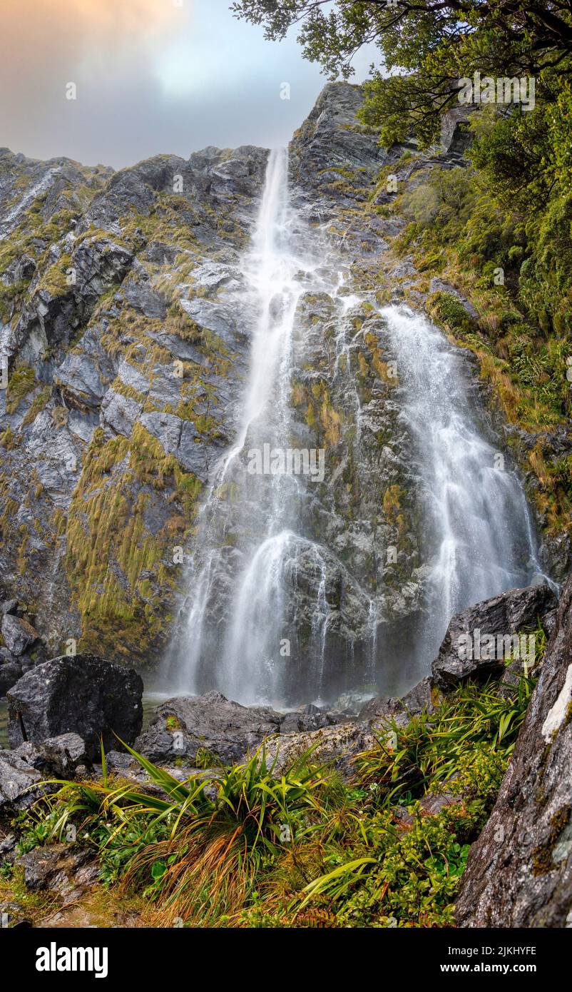 Earland Falls at the famous Routeburn Track, Fiordland National Park ...