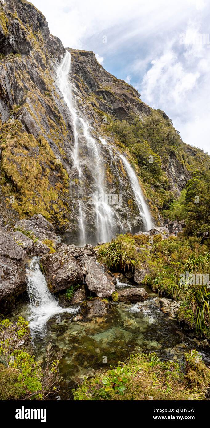 Earland Falls at the famous Routeburn Track, Fiordland National Park ...