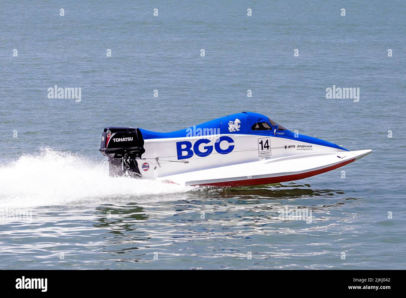 A blue and white powerboat at the powerboat competition in Bang Saray ...