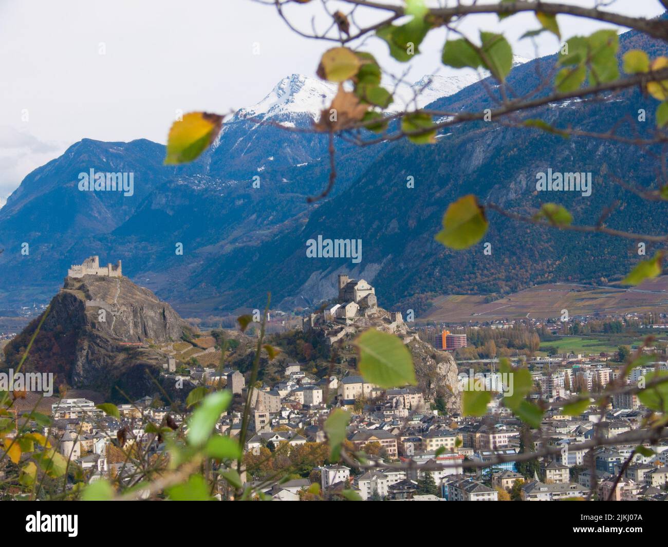 An aerial view of the skyline through trees in Sion, Switzerland Stock ...