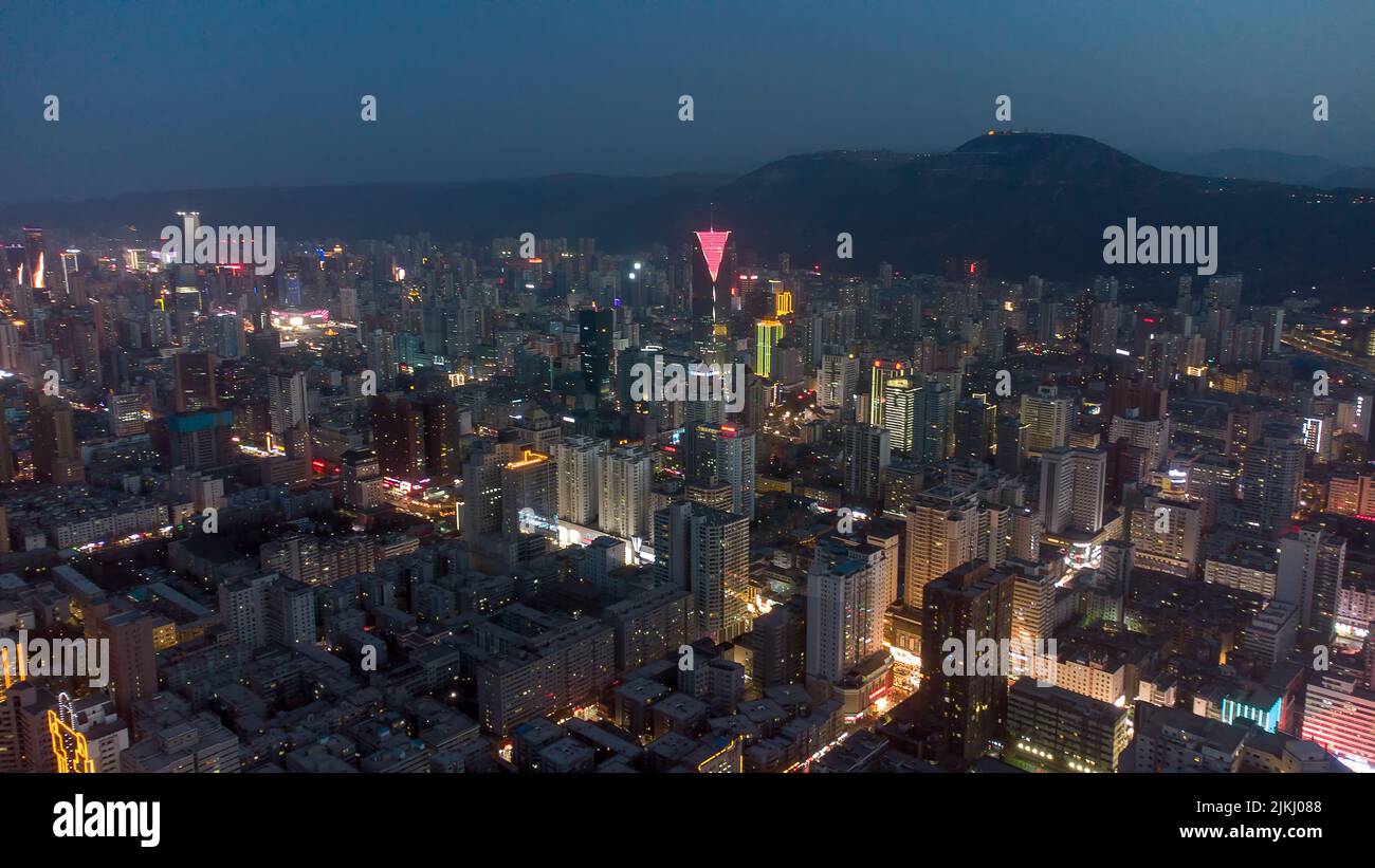 An aerial view of the illuminated skyline of Lanzhou, China Stock Photo ...