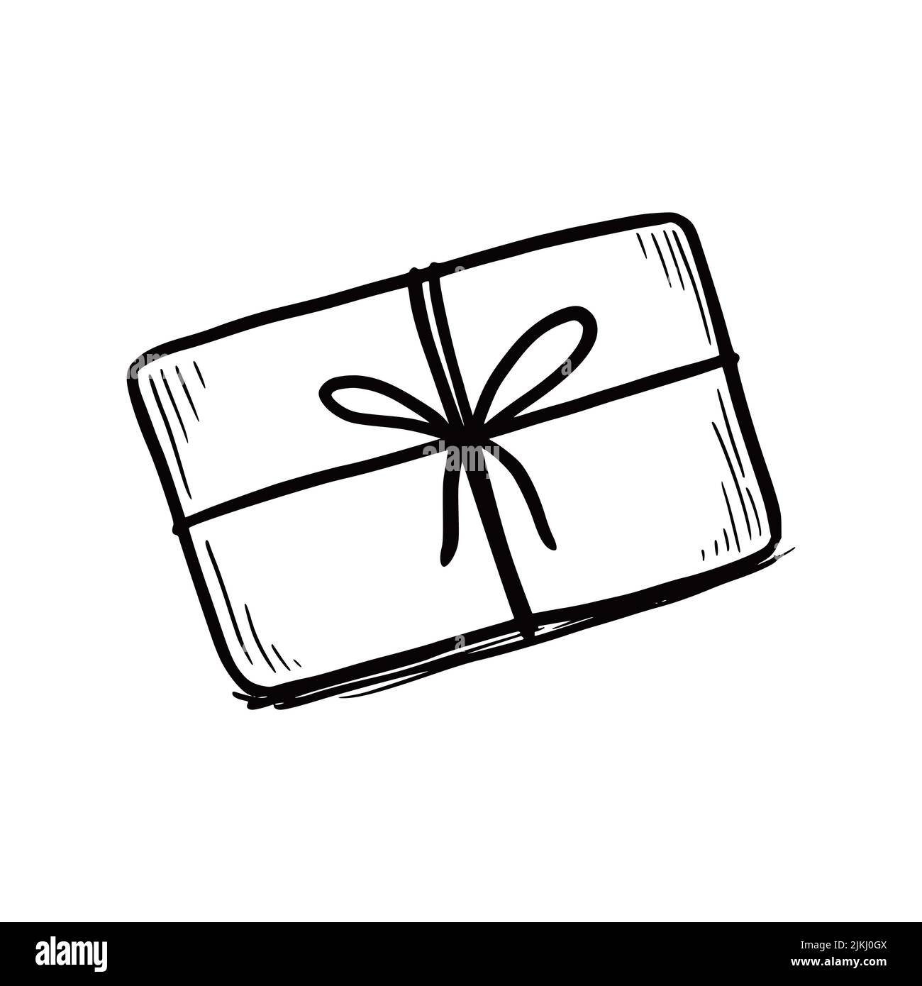 Hand drawn gift box with craft paper, top view. Sketch doodle style ...