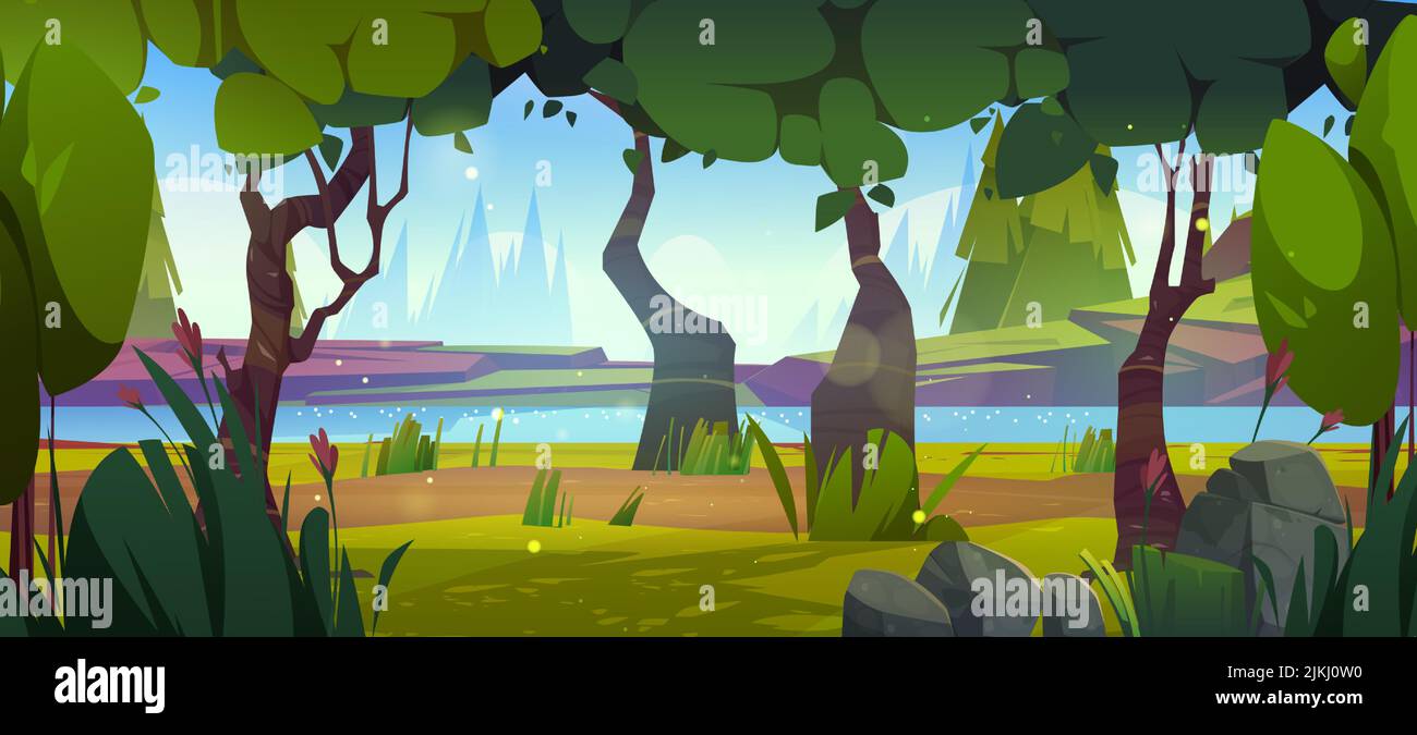 Cartoon nature landscape with forest and river. Scenery summer ...