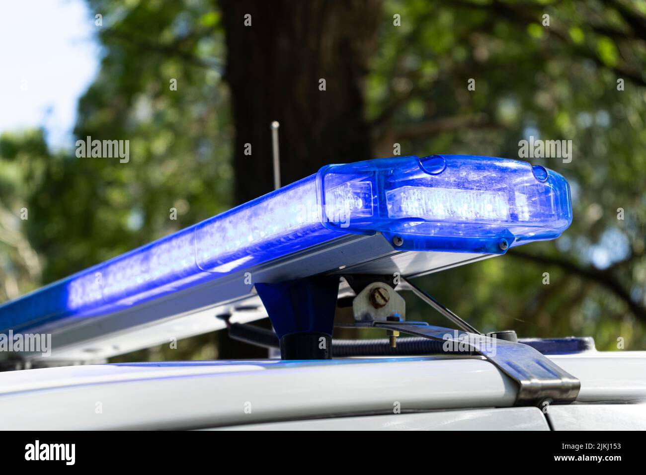 A shallow focus shot of Police car blue lights on with blurred trees in ...