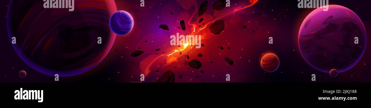 Cartoon red space background with glowing galaxy nebula and flying ...