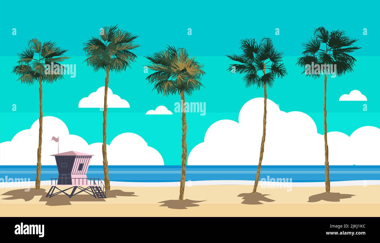 Beach landscape with Lifeguard Tower, Station. Palms, sea, ocean, coast ...