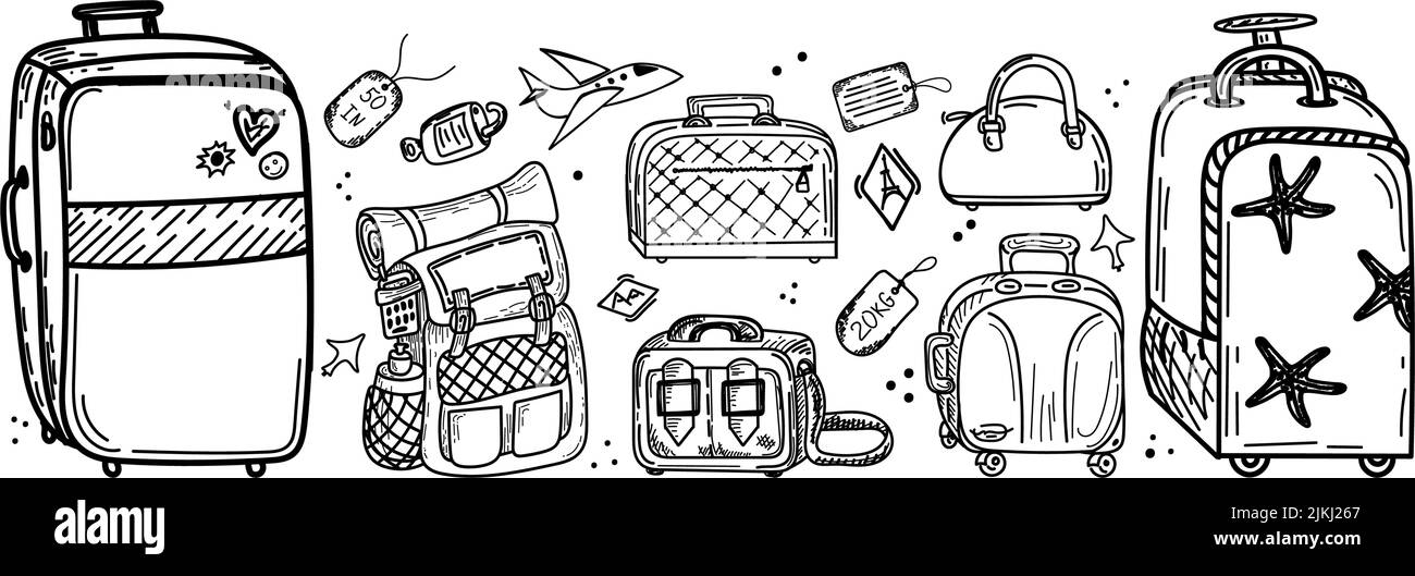 Set of different kinds of luggage, hand-drawn doodle in sketch style ...