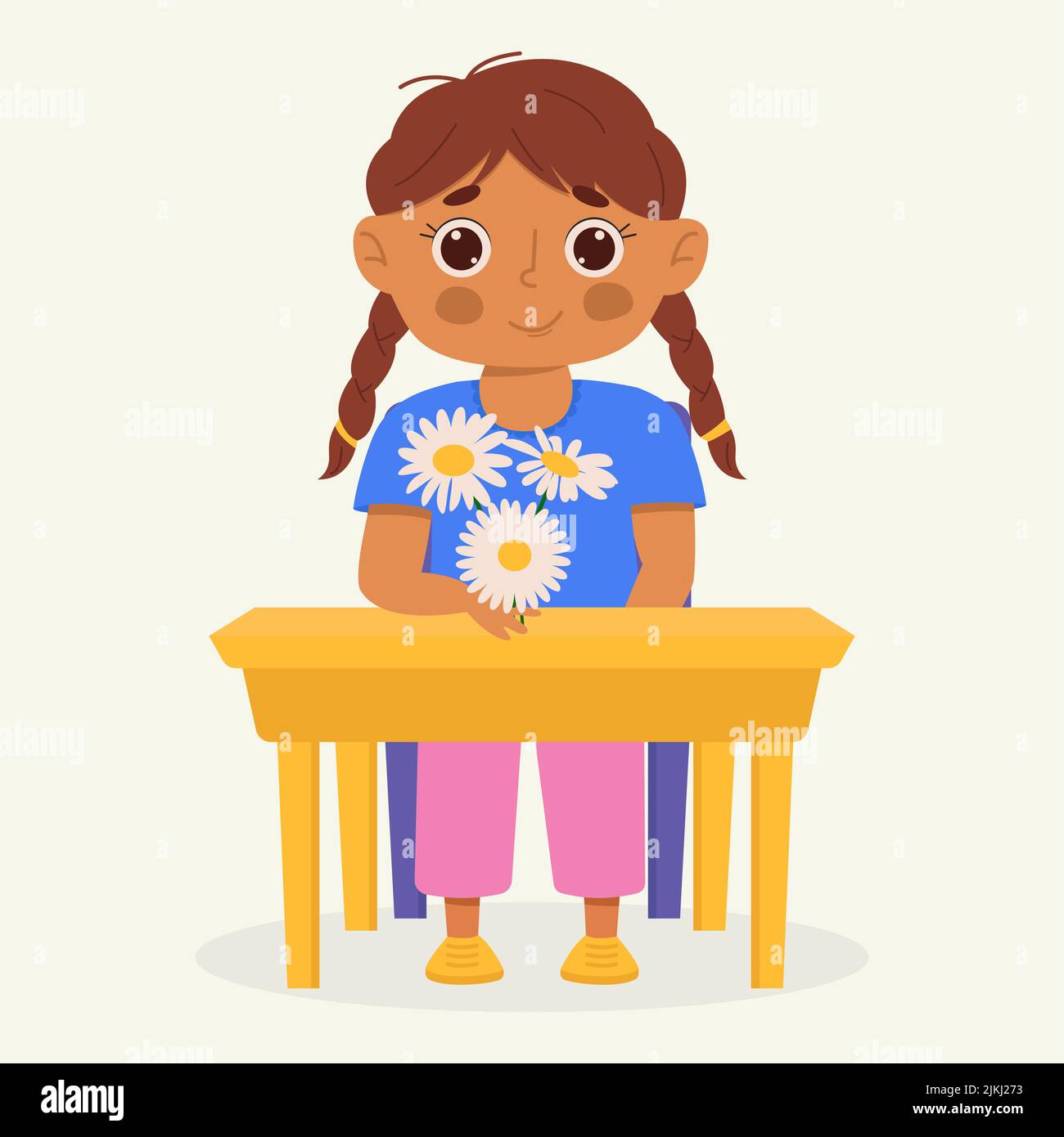School kid with school supplies sitting at a school desk. Kid with ...