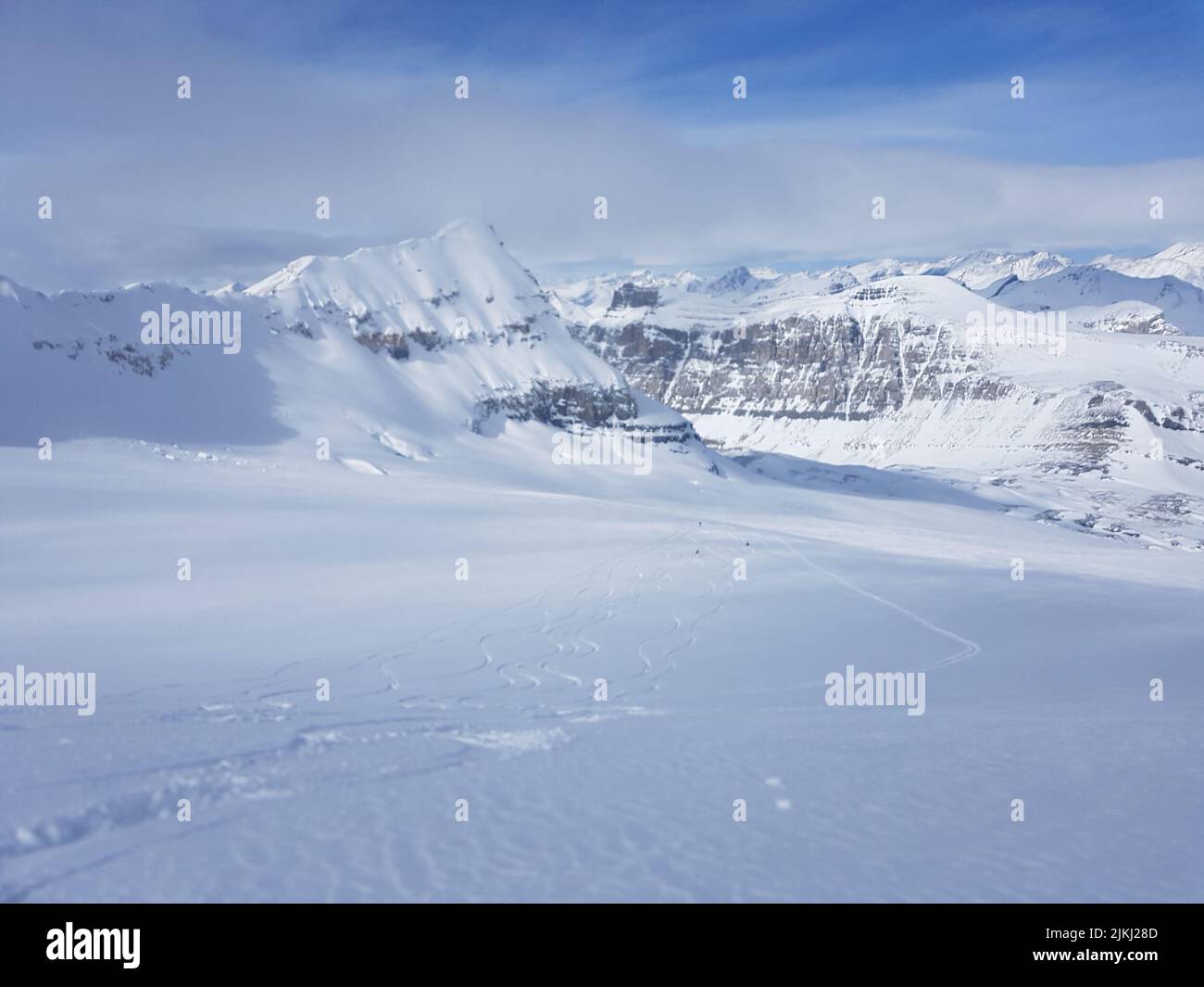 An aerial view of the Icefields Parkway during winter in Alberta ...