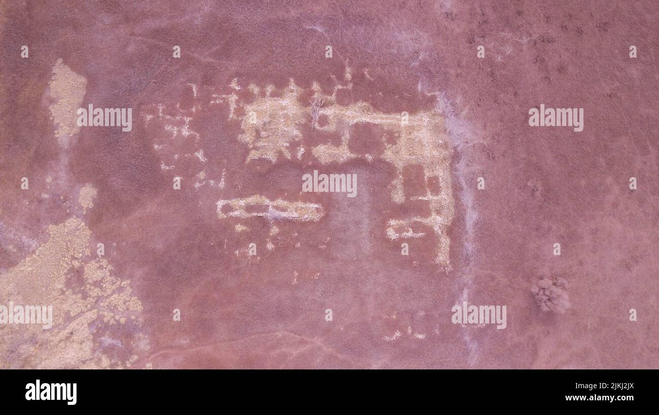 An aerial view of the area of lake Koyash in Native American ruins ...
