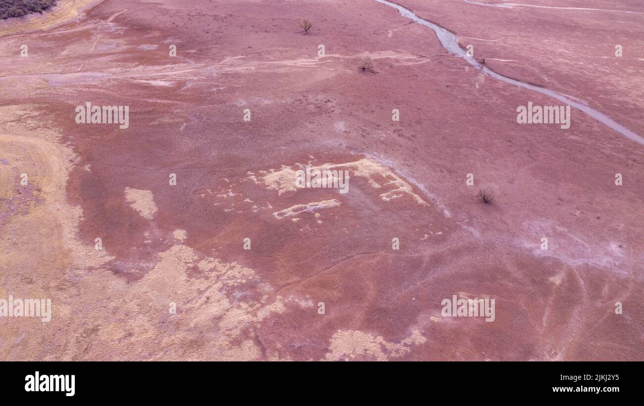 An aerial view of the lake Koyash in Native American ruins, Horshoe Dam ...