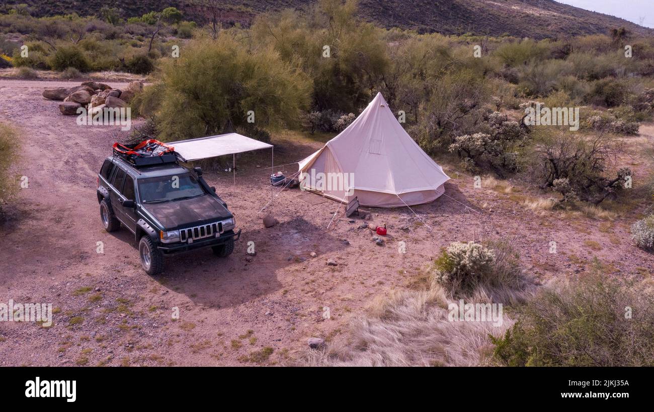 A beautiful view of a car with white camp in a Campground, Arizona ...