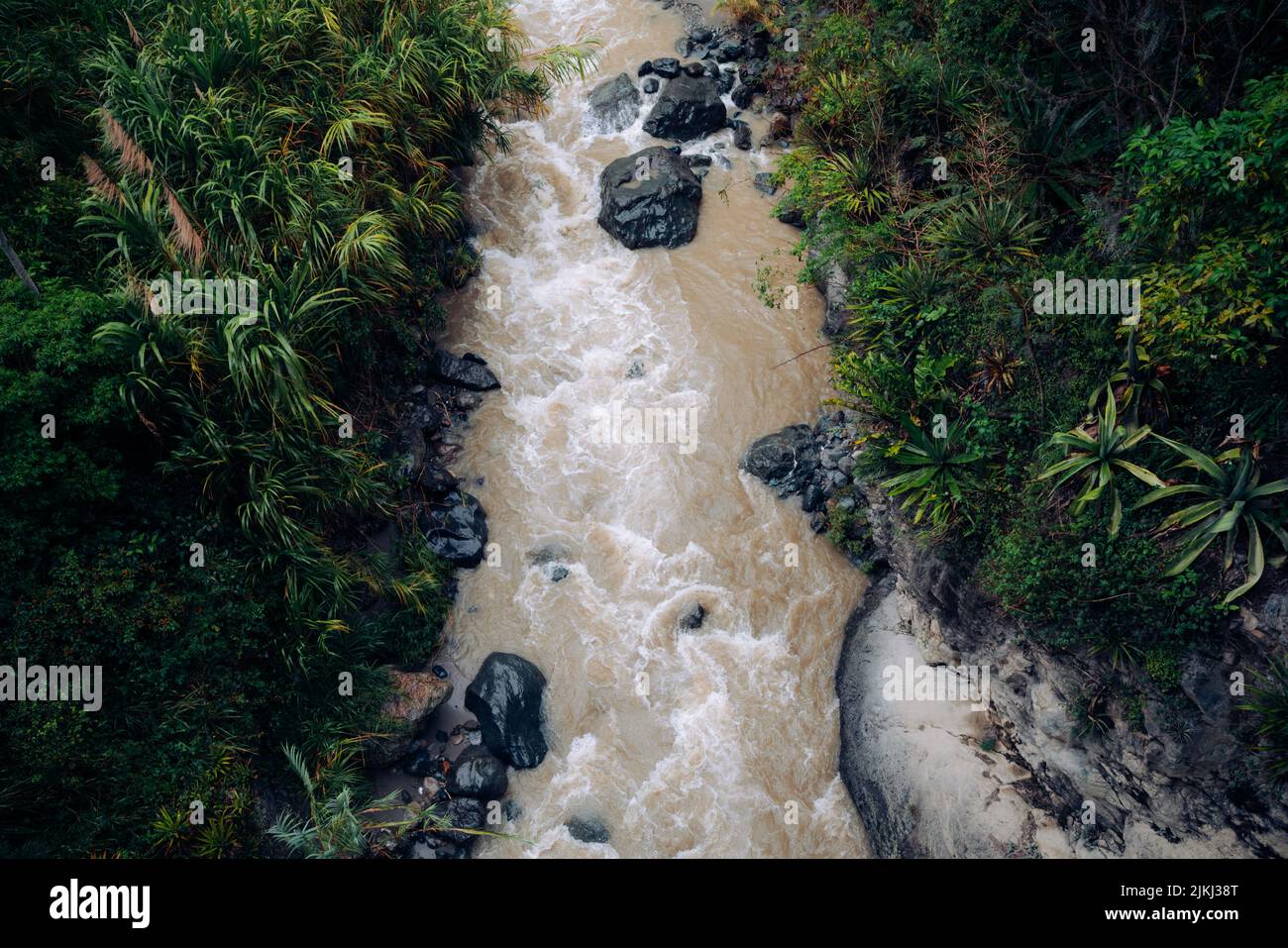 A top view of a narrow turbulent river among tropical jungle Stock ...