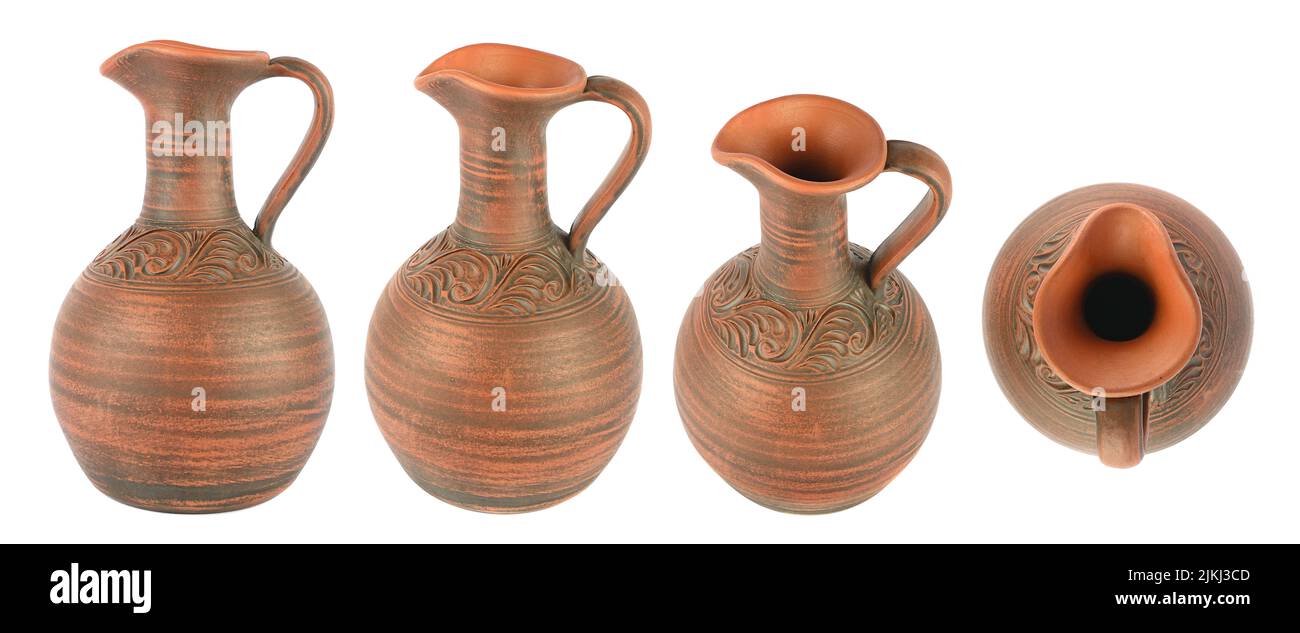 Set beautiful clay jugs in different angles isolated on white ...
