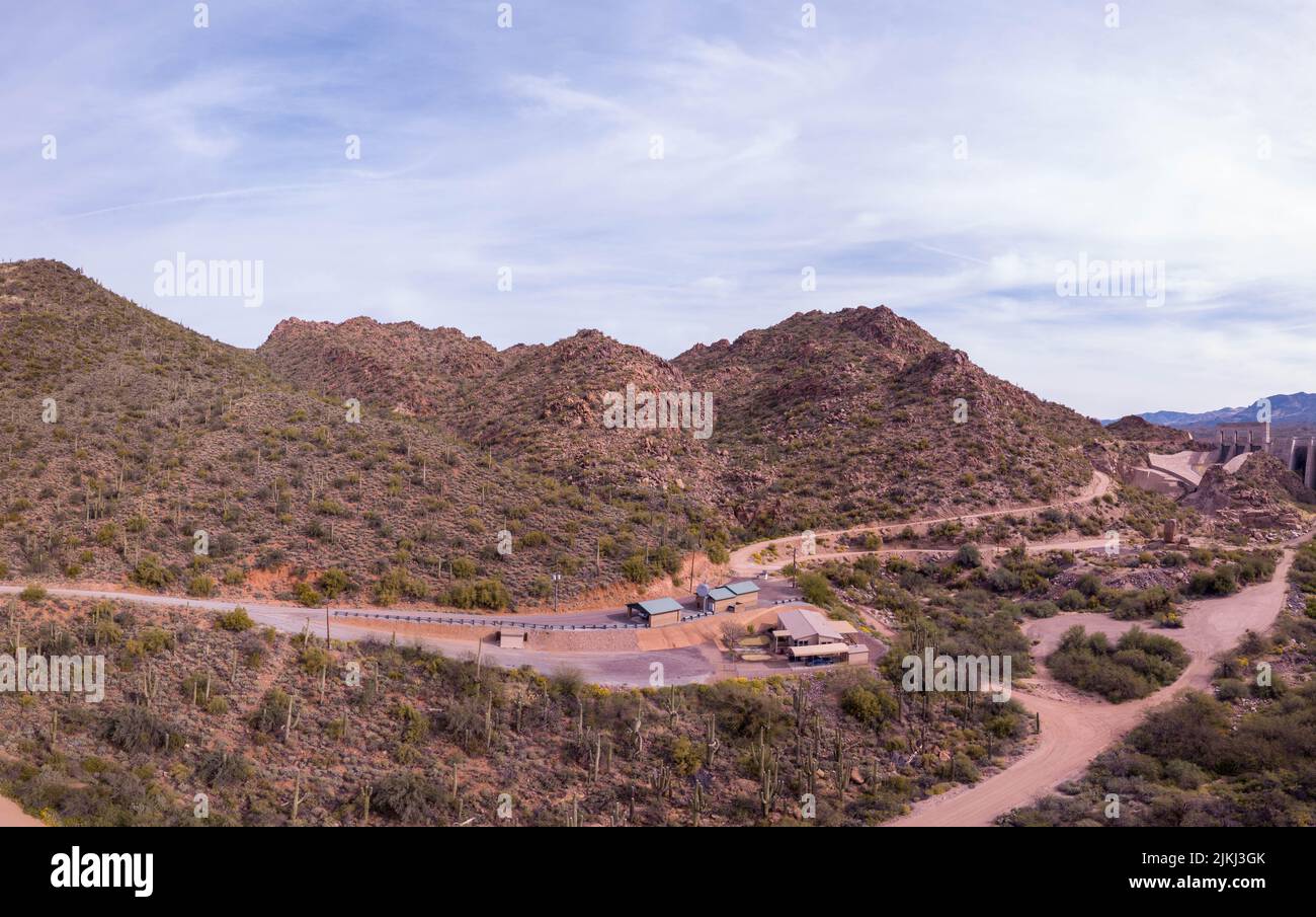 A beautiful shot of a dry Campground in Arizona with dry plants and ...