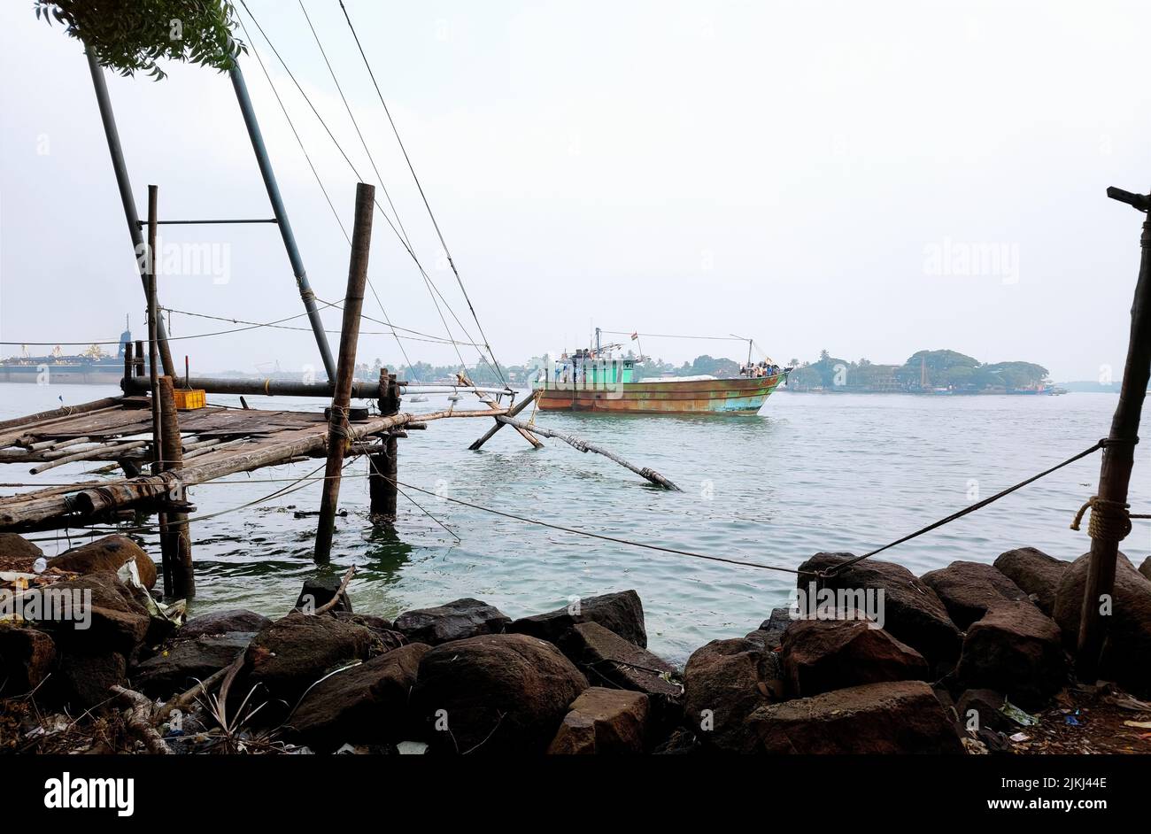 A beautiful shot of a Chinese fishing net ready to be used during ...