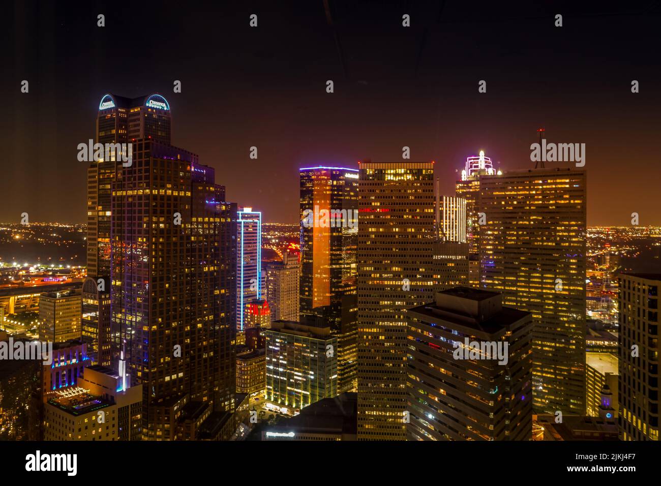 The illuminated buildings in downtown Dallas, Texas at night Stock ...