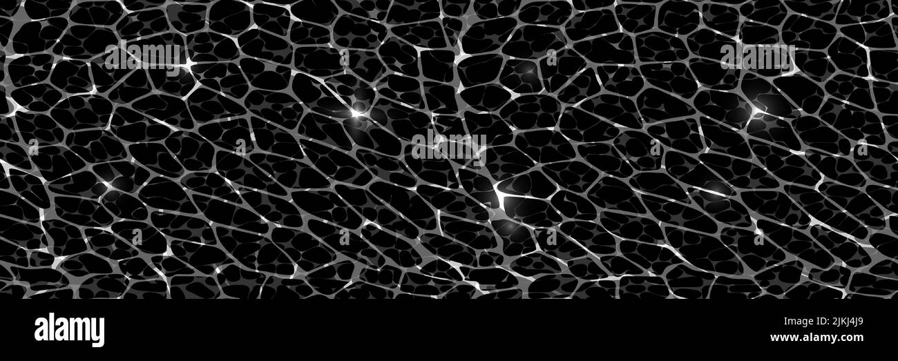 Top view of liquid surface with caustic ripples on black background ...