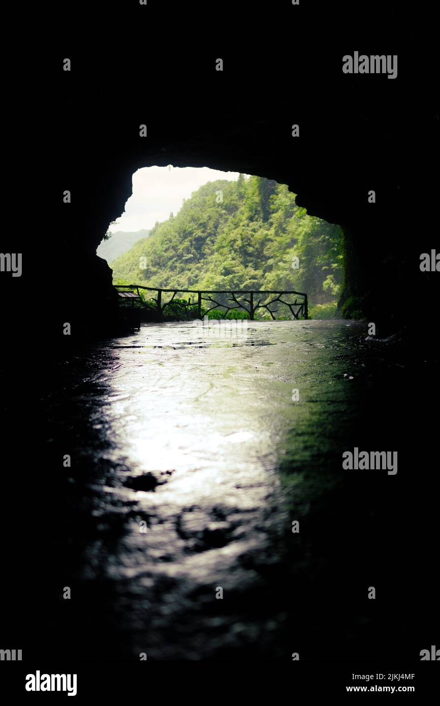 A scenic inside view of the Shuanghedong Caves, Wenquan, Suiyang County ...