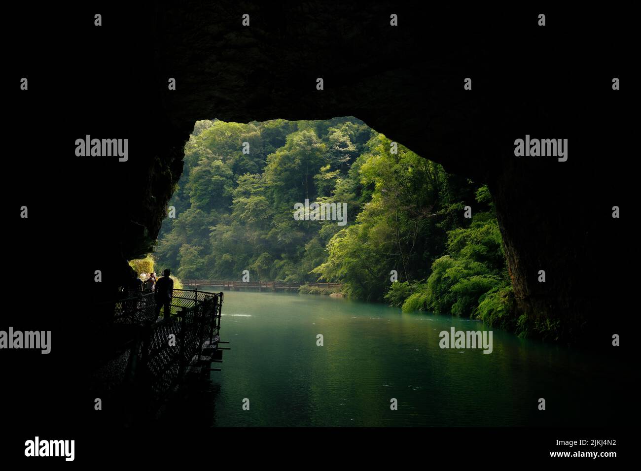 A scenic inside view of the Shuanghedong Caves, Wenquan, Suiyang County ...