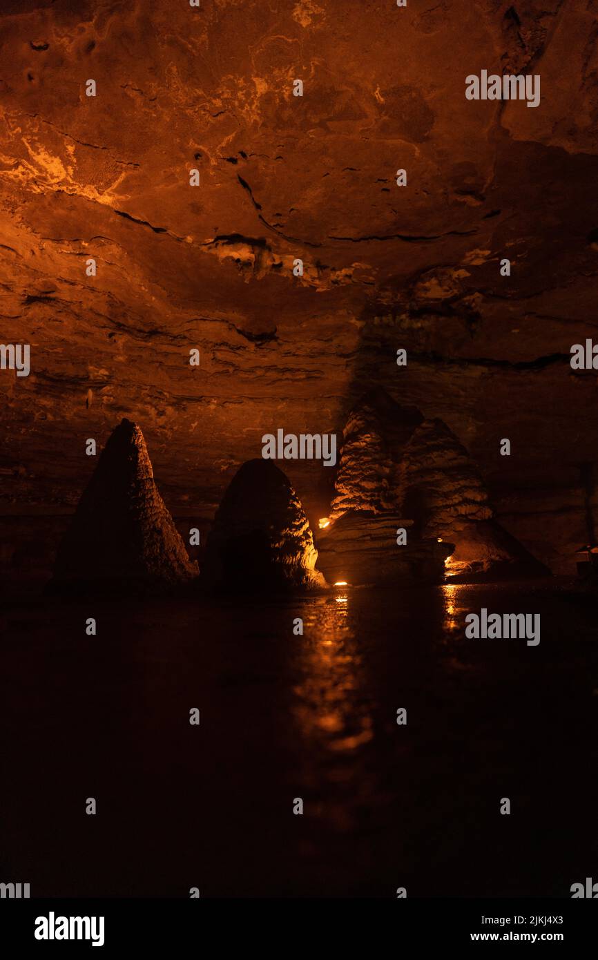 A scenic inside view of the Shuanghedong Caves, Wenquan, Suiyang County ...