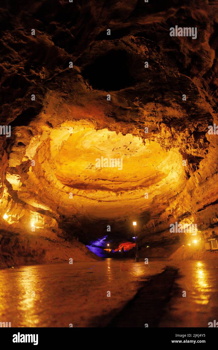 A scenic inside view of the Shuanghedong Caves, Wenquan, Suiyang County ...