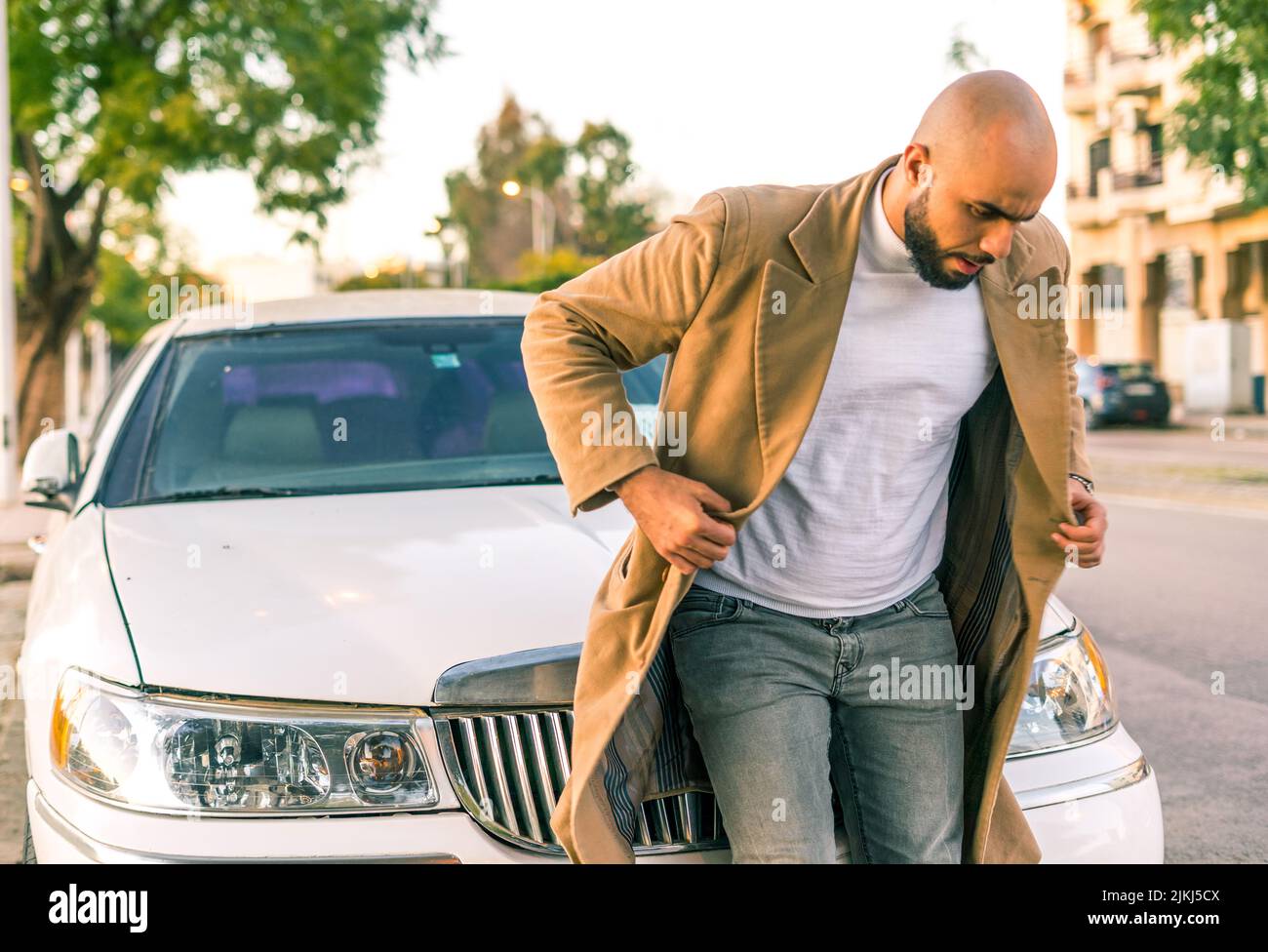 Attractive Caucasian model leaning against a limousine car outdoor ...