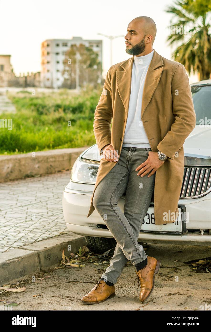 Attractive Caucasian model leaning against a limousine car outdoor ...