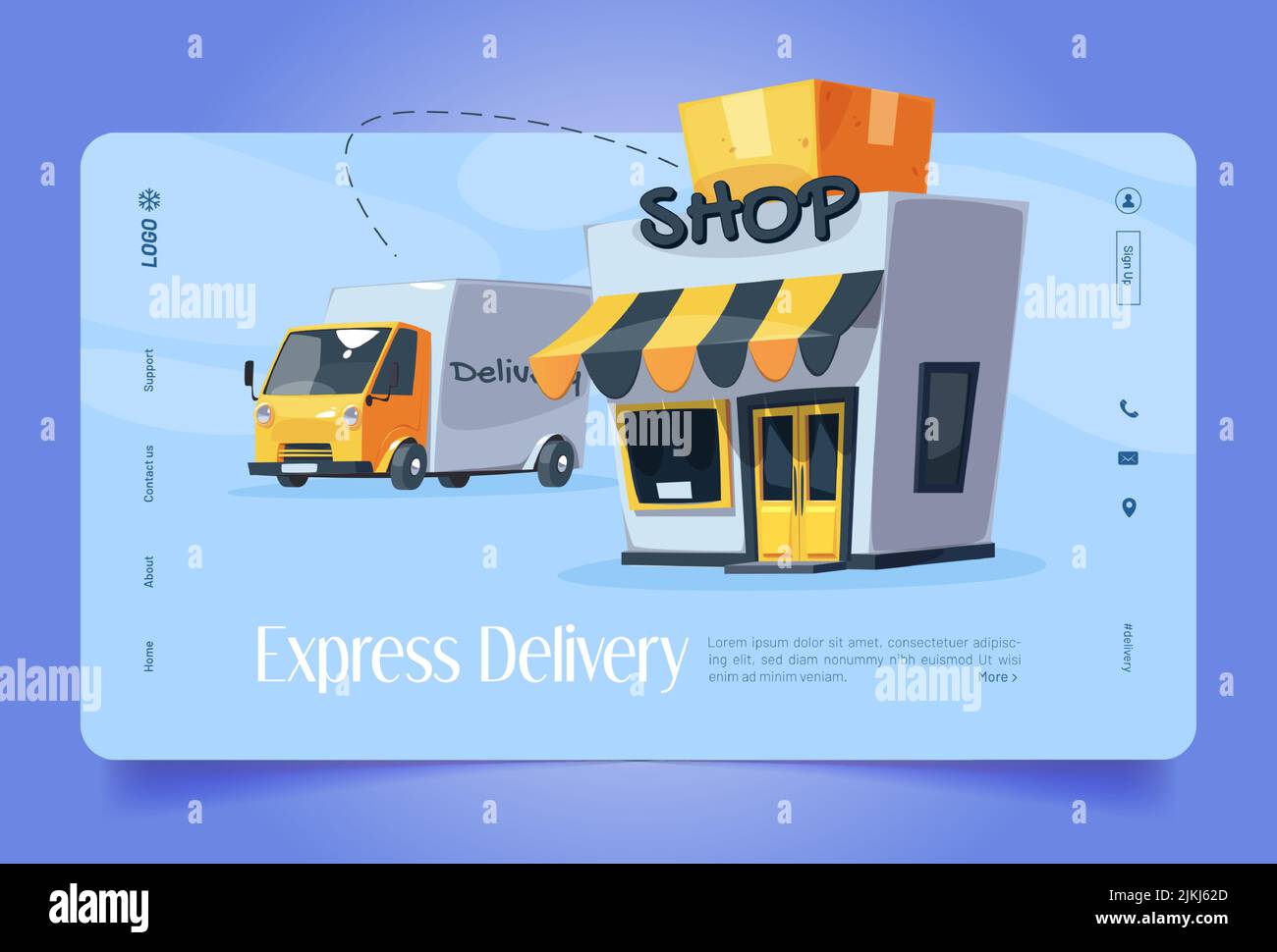 Express delivery banner with truck and shop building with box. Vector ...