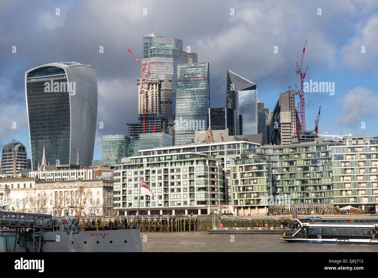 The River Thames and modern buildings on the bay in London, the UK ...