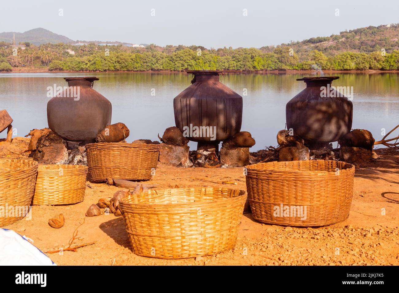 An outdoor view of old and traditional huge clay pots for cultivating ...