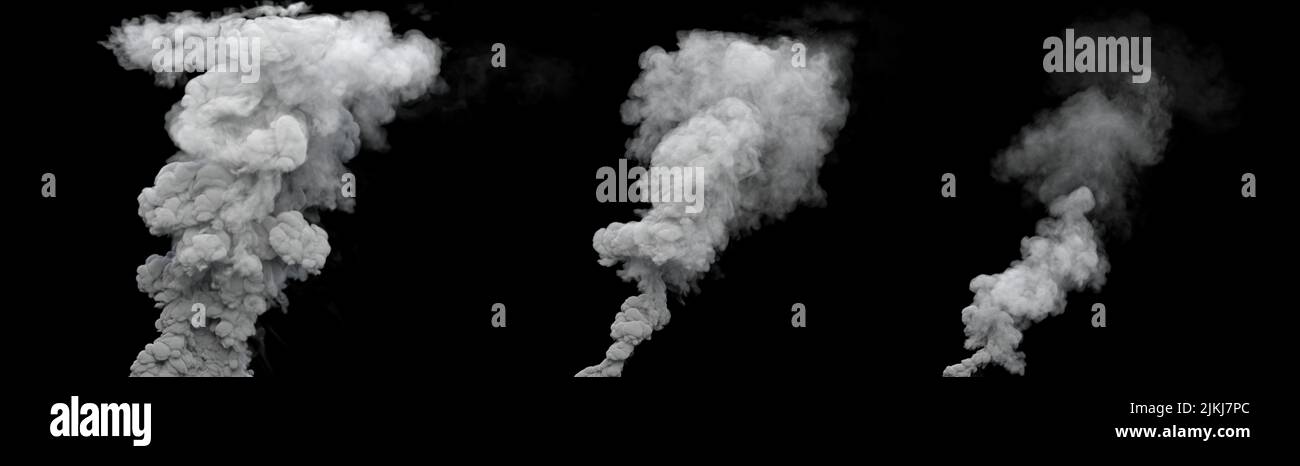 3 white co2 emissions smoke columns from oil power plant on black ...